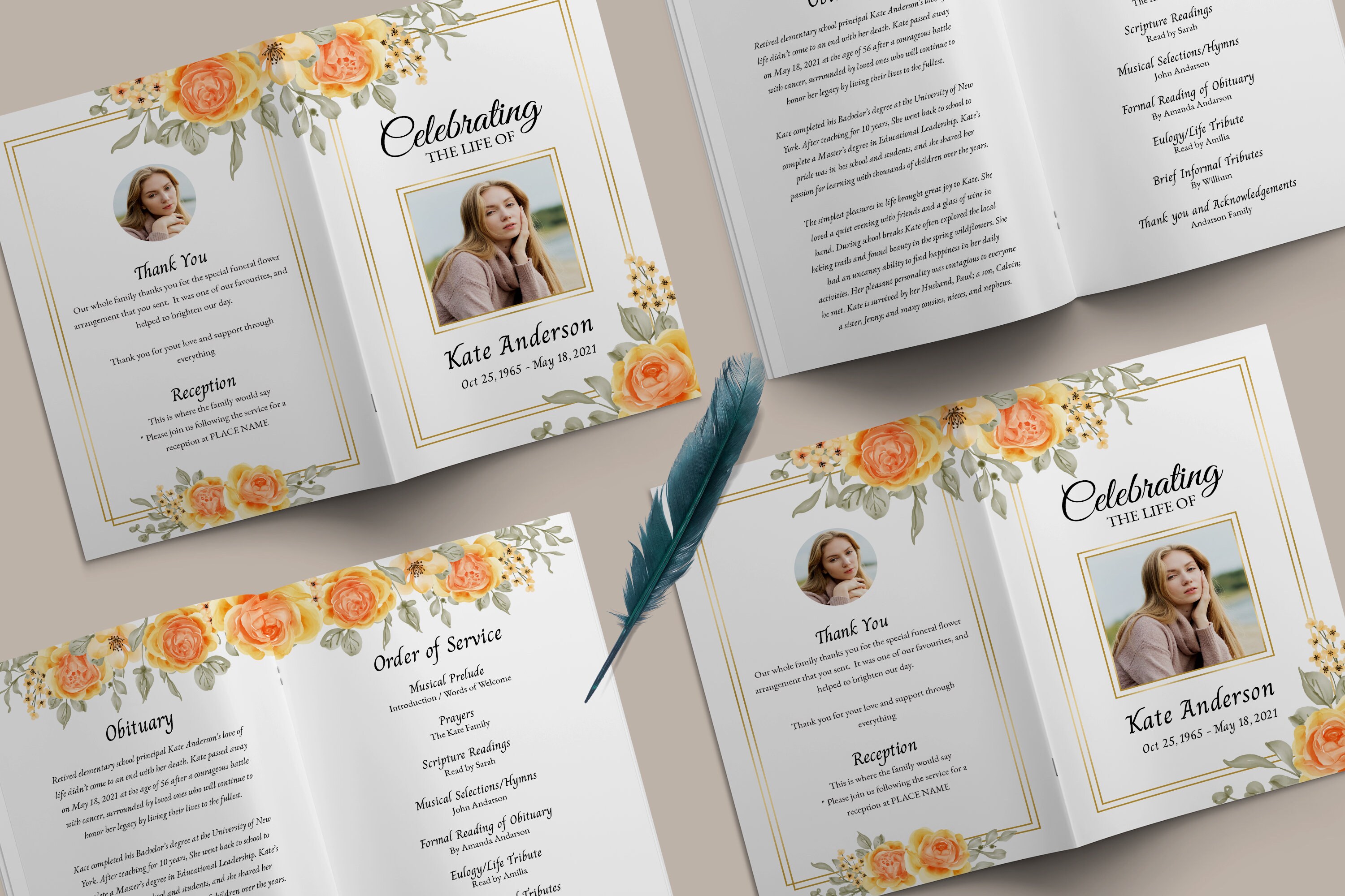 8 Page Yellow Floral Funeral Program Template for Men or Women ...