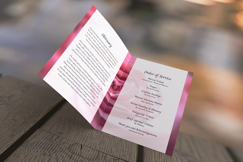 Pink Rose Funeral Program Template, Celebration of Life (word ...