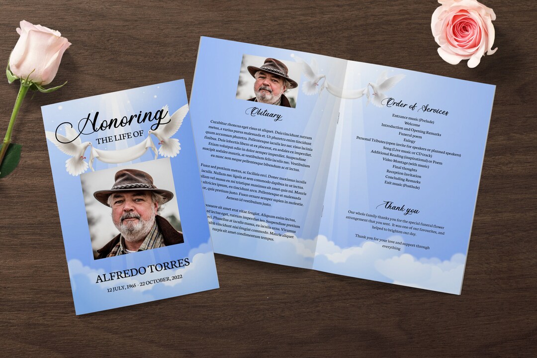 Heavenly Sky Dove Funeral Program Template, Memorial Booklet (canva ...