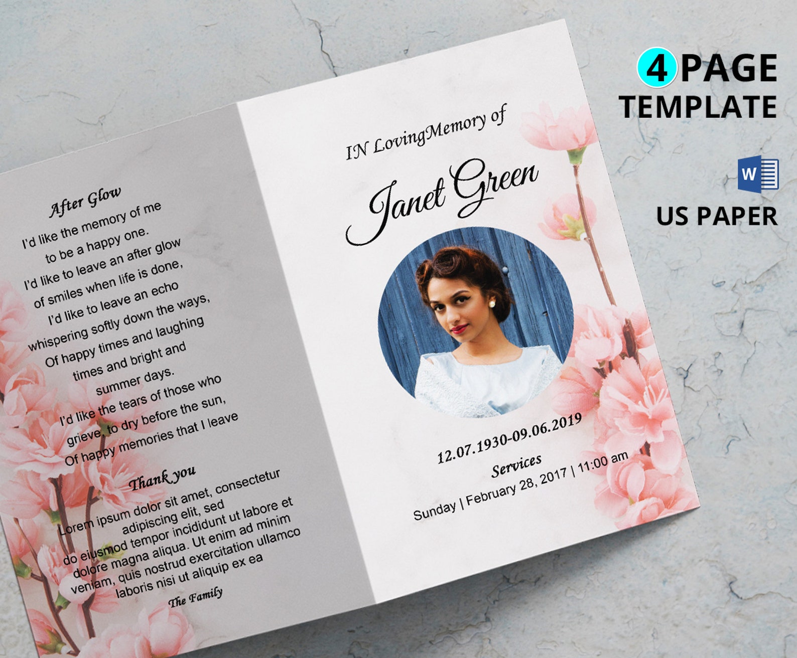 PINK WATERCOLOR FLOWER Funeral Program Template Memorial - Etsy Israel