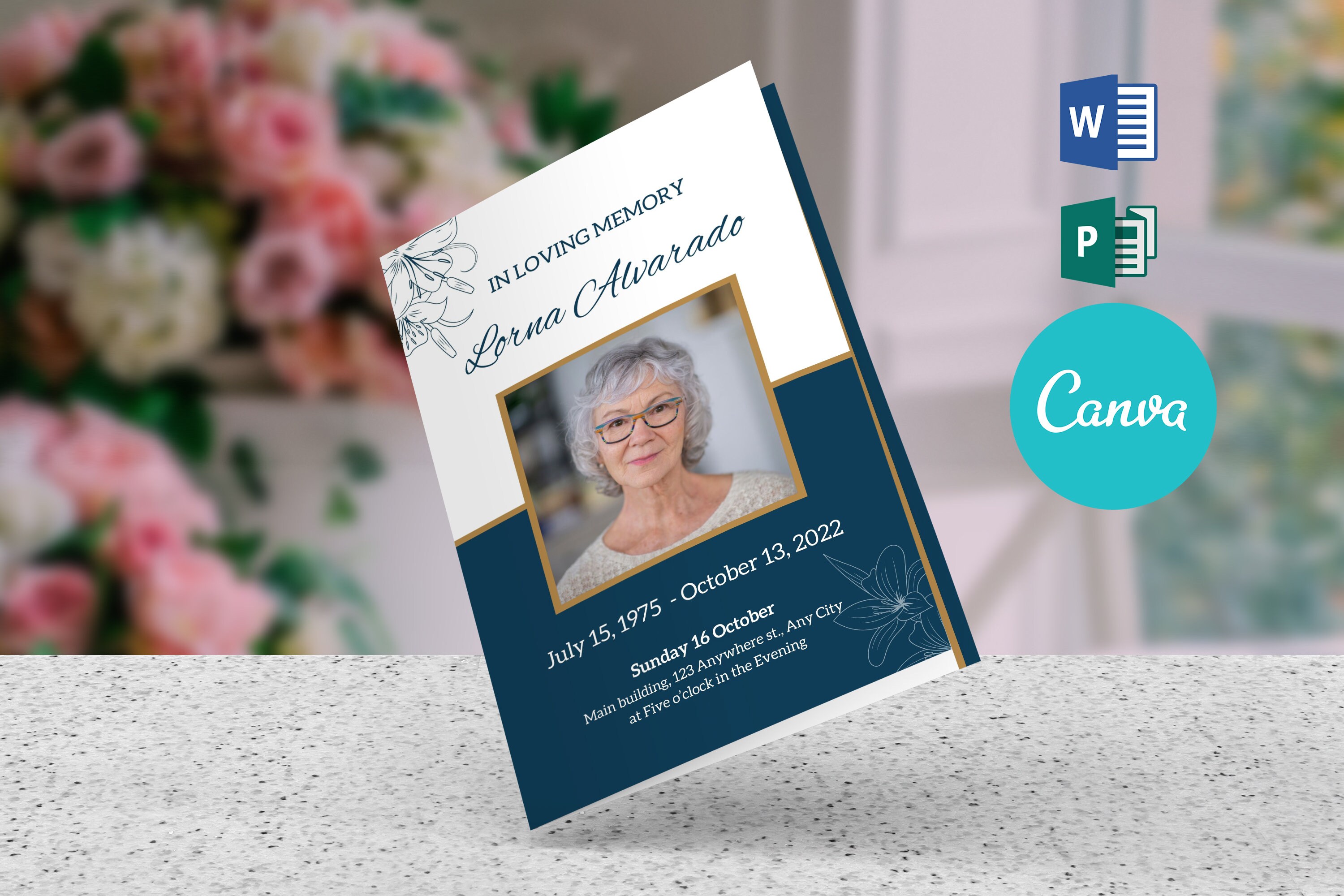 Editable Blue and Gold Frame Funeral Program Template for Women 4-page ...