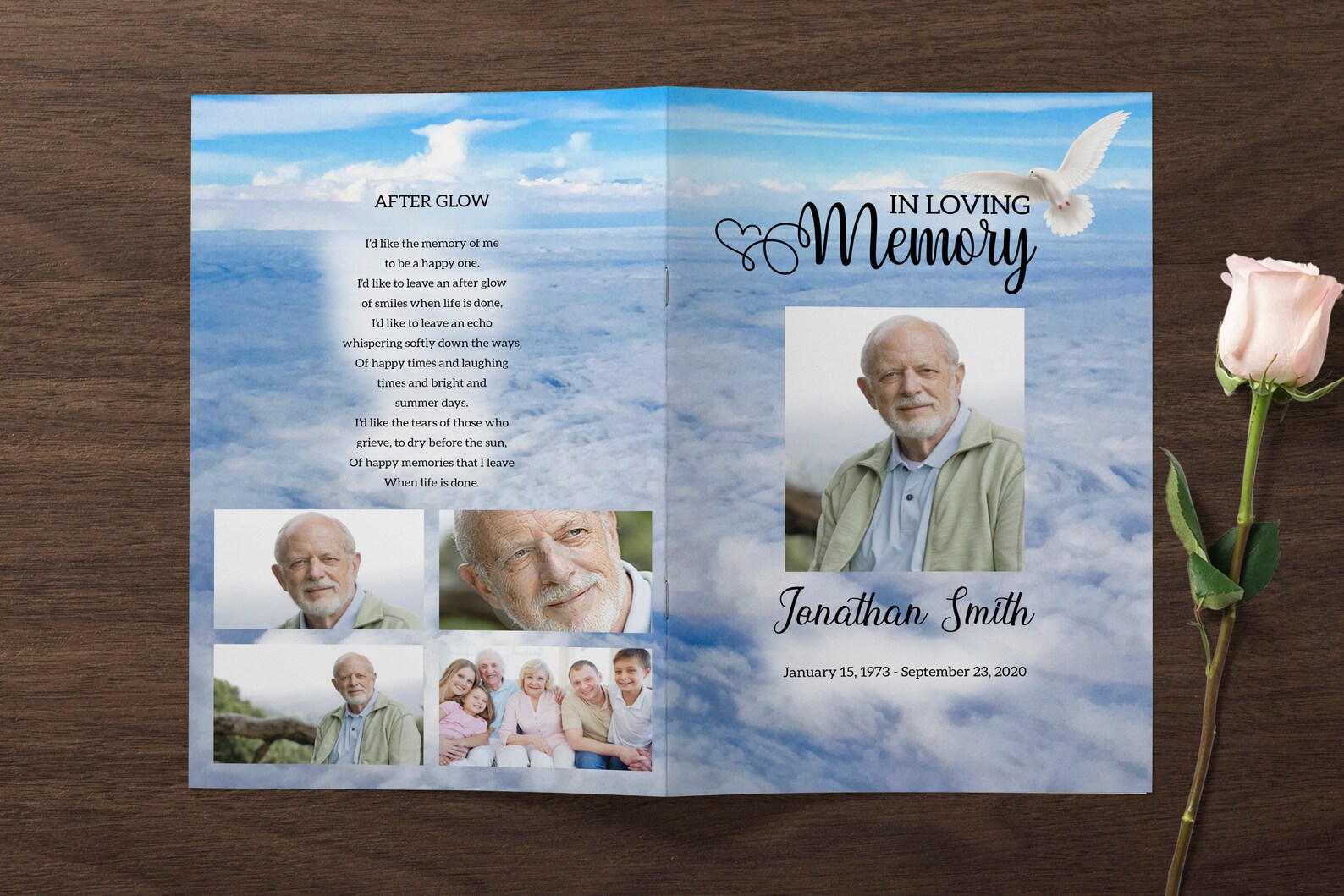 Angel Dove on Sky Funeral Program Template for Men, 4 Page Obituary ...
