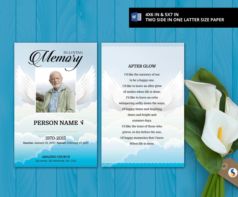 Angel Wing Funeral Prayer Card Template | Editable MS Word (4x6 & 5x7 ...