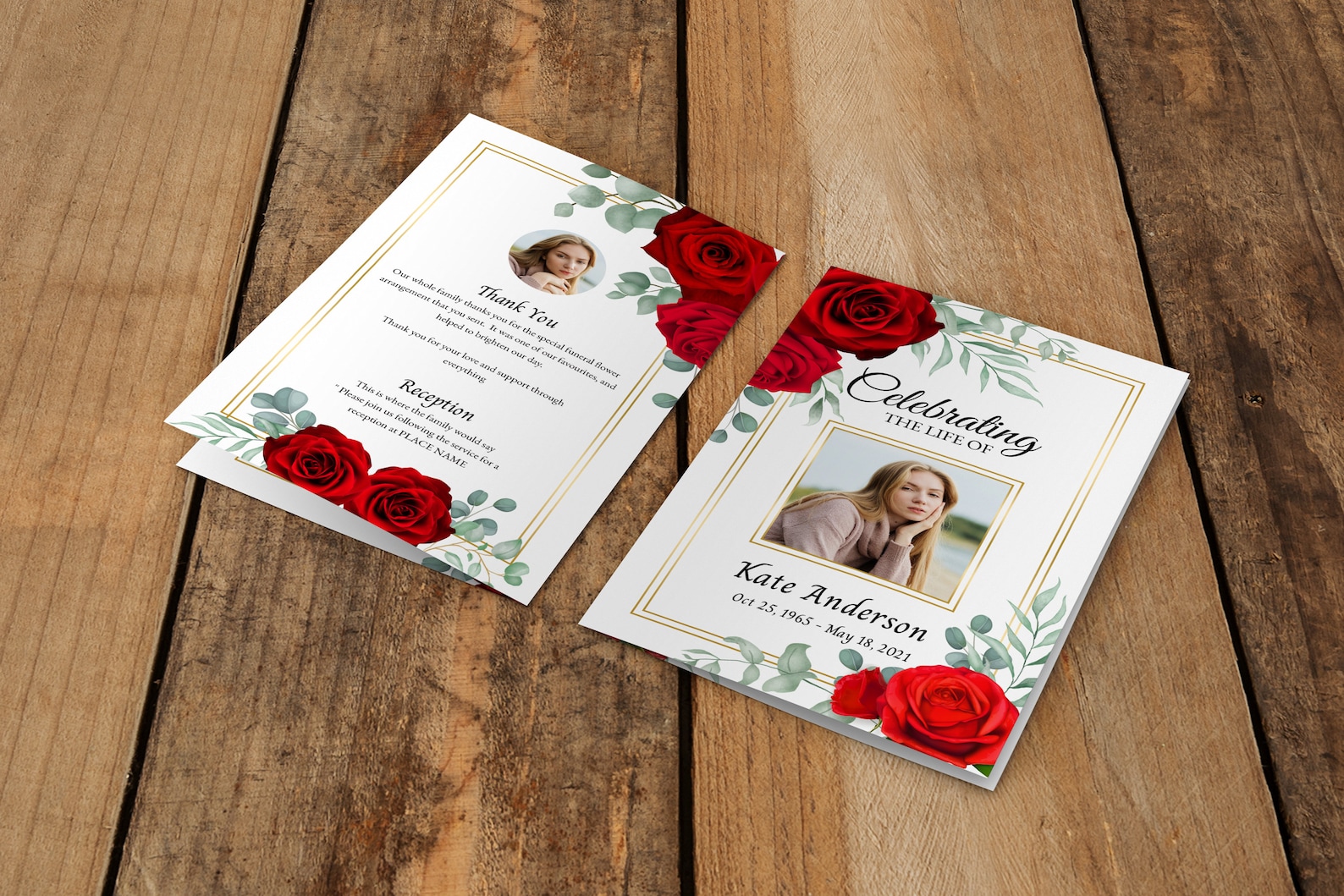 Red Rose Funeral Program Template for Women, Celebrating the Life of Funeral Program 4 Page ...