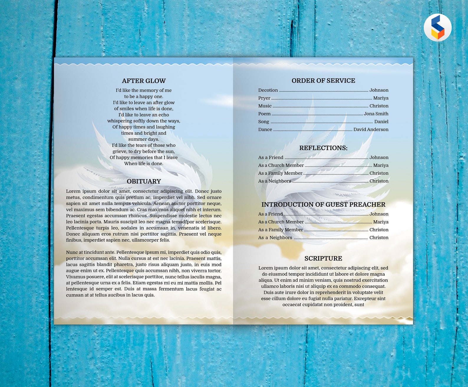 ANGEL WING | Funeral Program Template, Obituary Program, Memorial ...