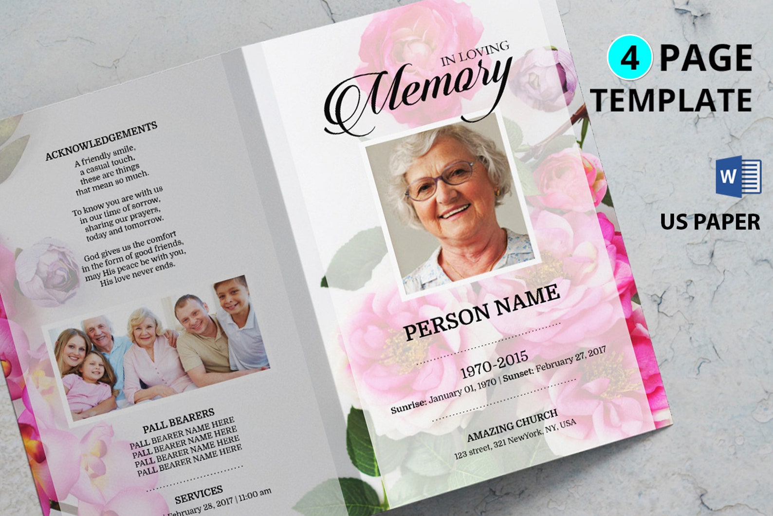 Pink Flower | Funeral Program Template, Obituary Program, Memorial ...
