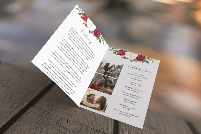Elegant Red Rose Funeral Program Template for Women | 4-page Booklet | Editable in Microsoft ...