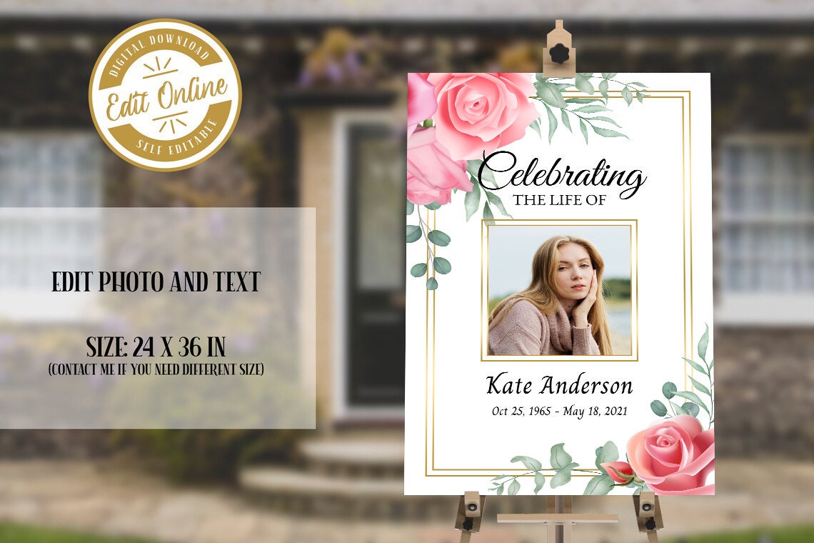 Personalized Funeral Welcome Sign – Pink Rose, Canva Template (24x36 ...