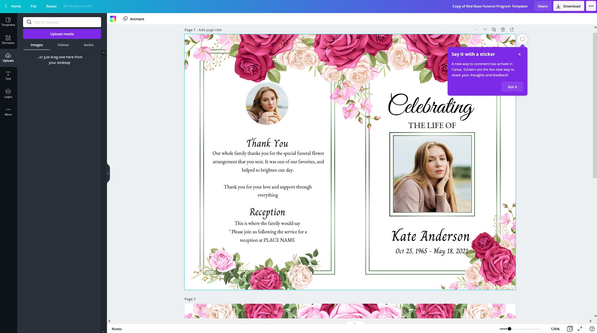 Red Rose Funeral Program Template for Women, Celebrating the Life of Funeral Program 4 Page ...