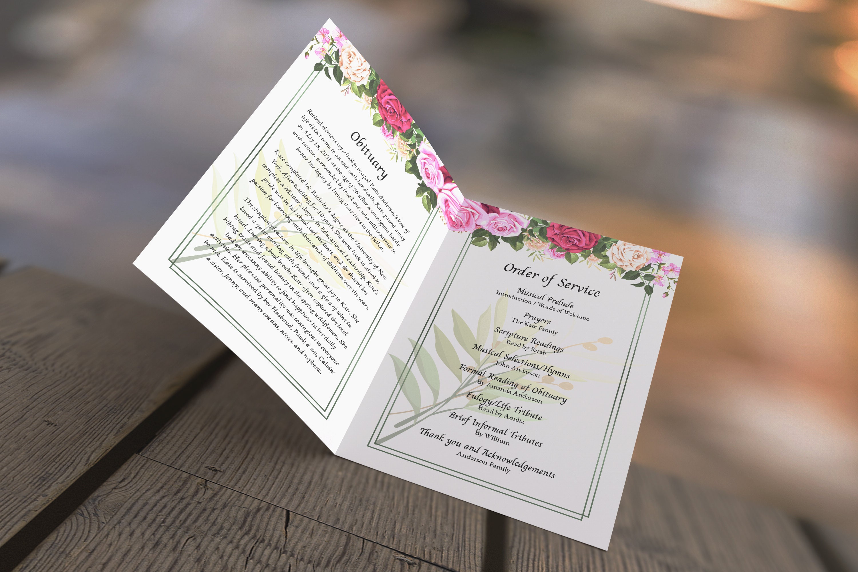 Red Rose Funeral Program Template for Women, Celebrating the Life of Funeral Program 4 Page ...
