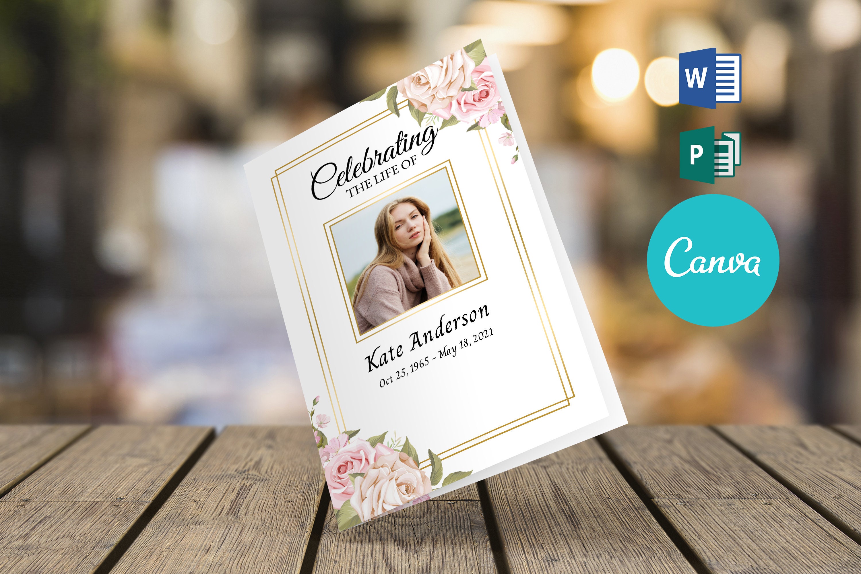 Pink Rose Funeral Program Template for Women, Celebrating the Life of ...