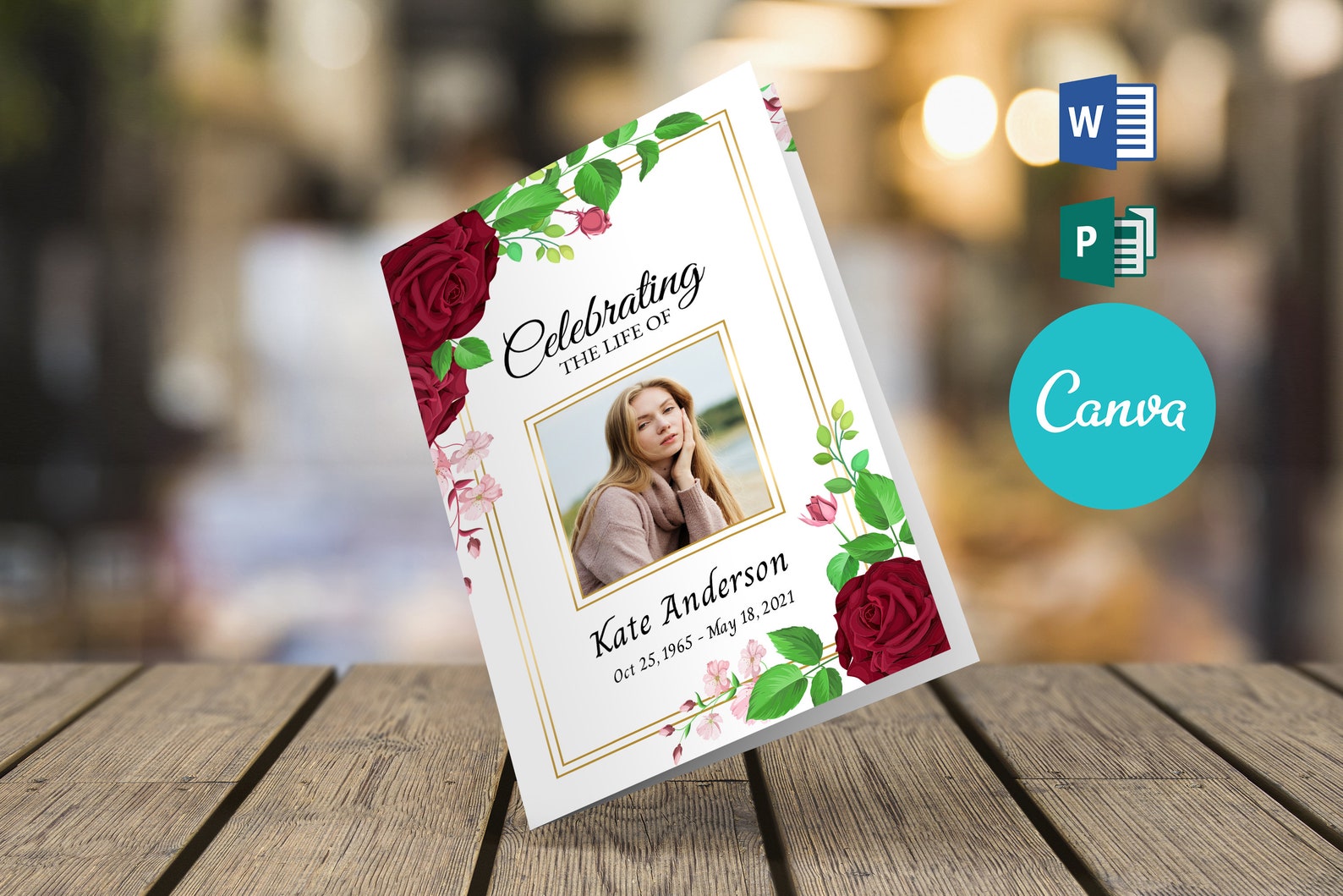 Editable Red Rose Funeral Program Template for Women, Celebrating the Life of Funeral Program 4 ...