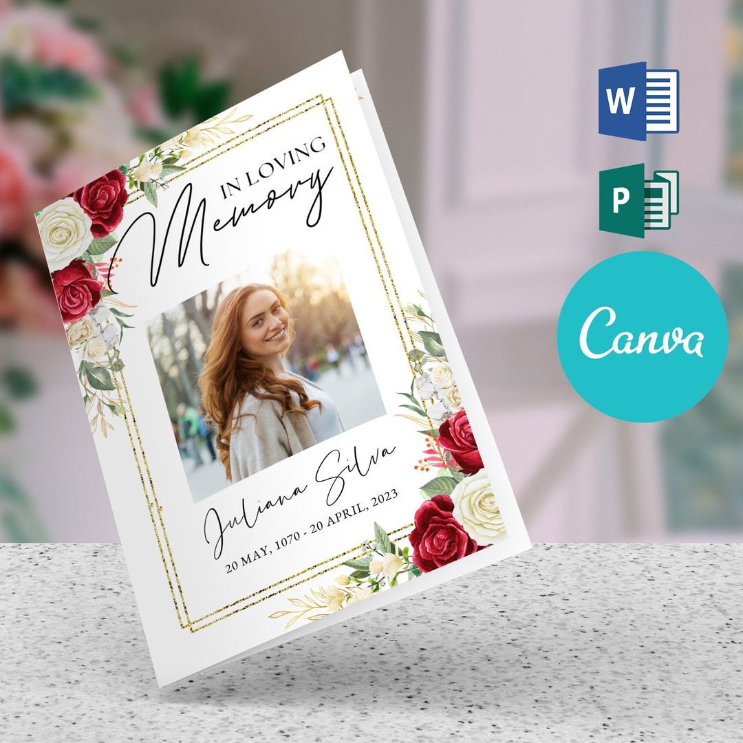 Elegant Red Rose Funeral Program Template for Women | 4-page Booklet | Editable in Microsoft ...