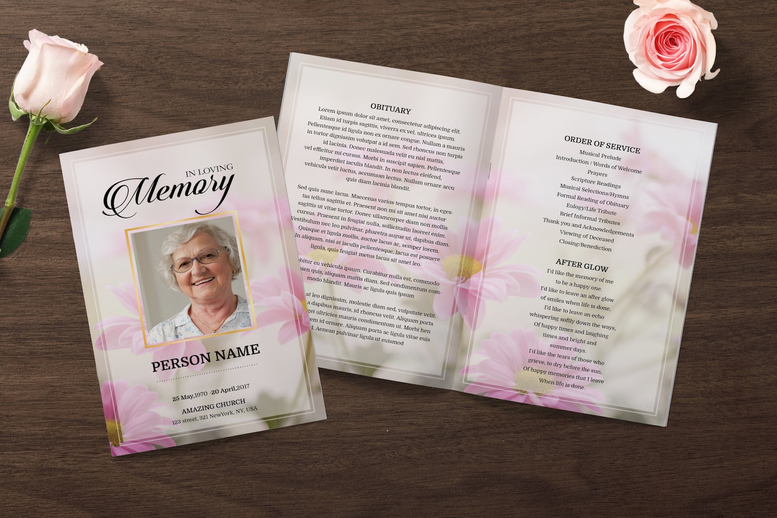 Pink Flower Funeral Program Template,funeral Program Template 4 Page ...