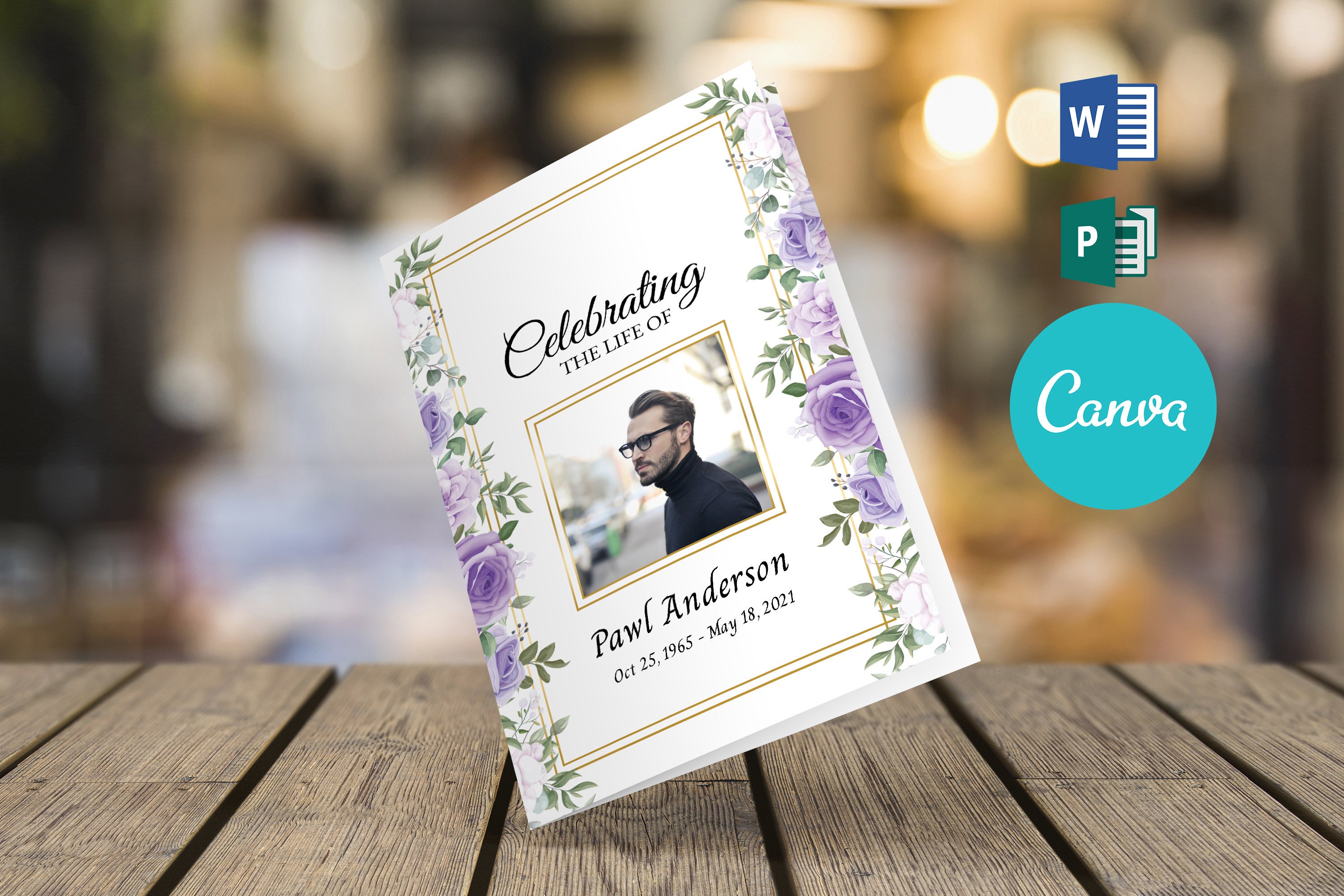 Purple Floral Funeral Program Template for Men, Obituary Program 4 Page ...