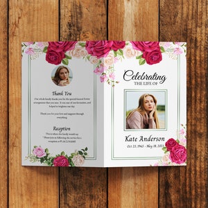 Red Rose Funeral Program Template for Women, Celebrating the Life of Funeral Program 4 Page ...
