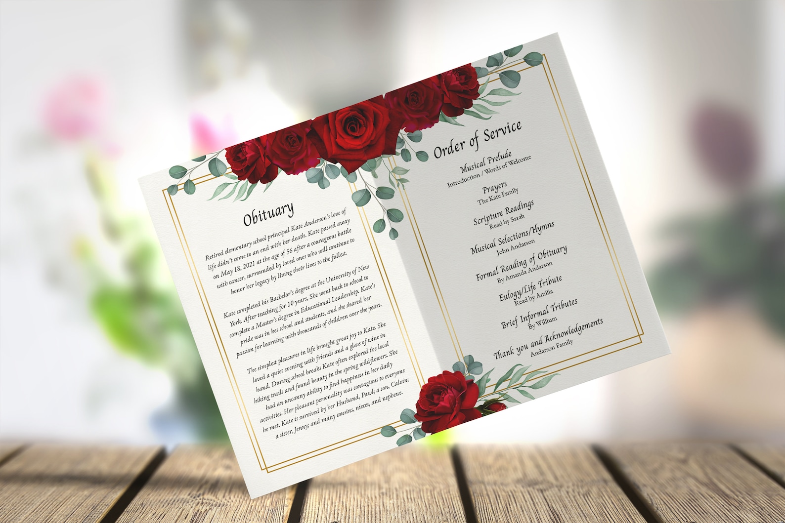 Red Rose Funeral Program Template for Women, Celebrating the Life of Funeral Program 4 Page ...