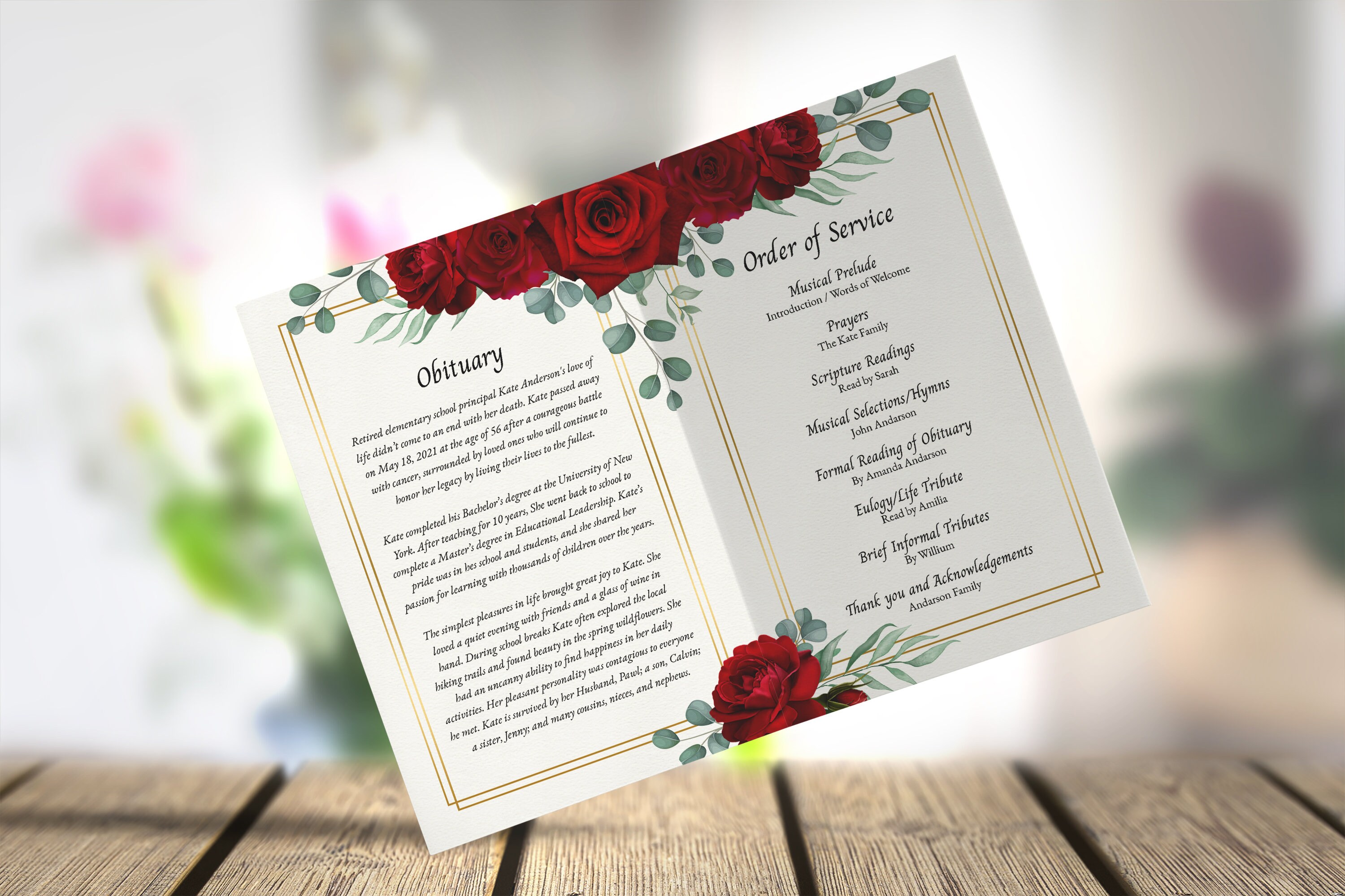 Red Rose Funeral Program Template for Women, Celebrating the Life of ...