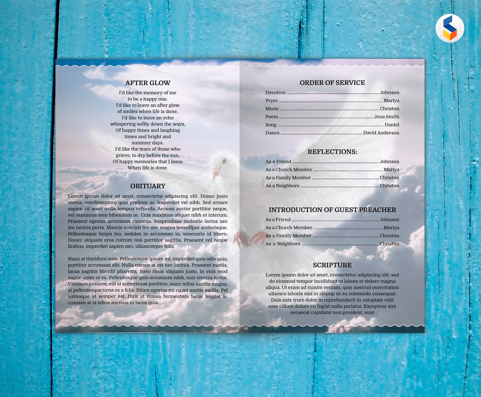 ANGEL DOVE | Funeral Program Template | Printable Funeral Program ...