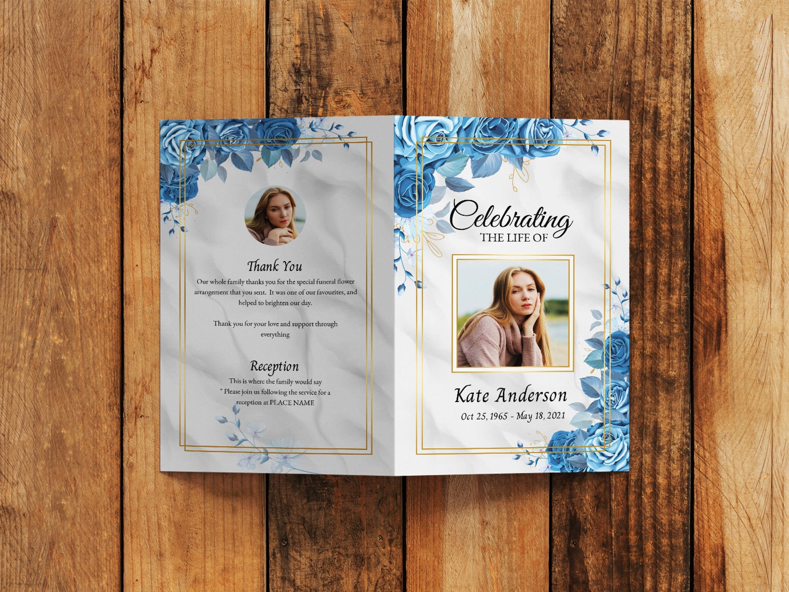 Blue Rose Funeral Program Template for Women, Celebrating the Life of ...