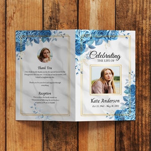 Blue Rose Funeral Program Template for Women, Celebrating the Life of ...