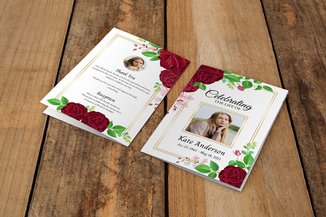 Editable Red Rose Funeral Program Template for Women, Celebrating the ...