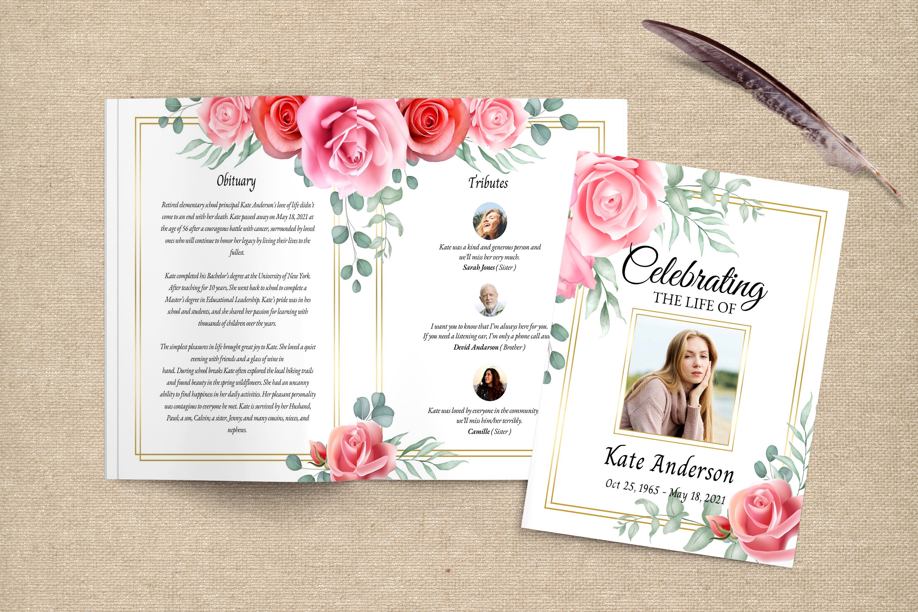 Editable Pink Rose Funeral Program - Celebrate Life and Honor Your ...