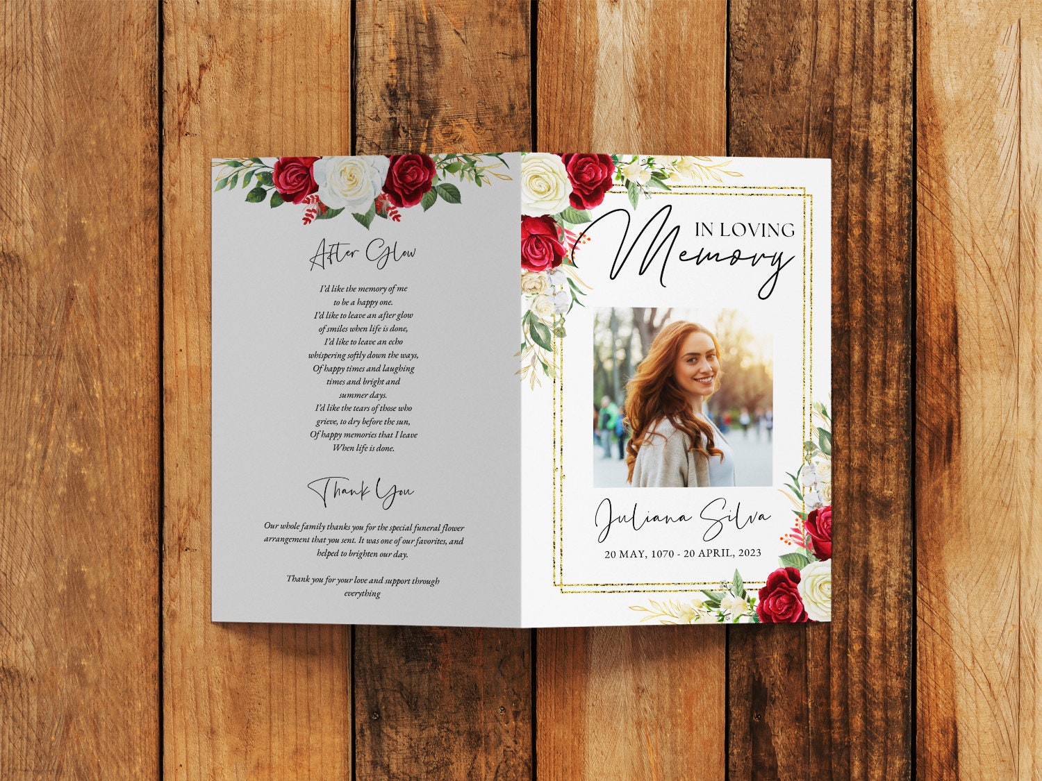 Elegant Red Rose Funeral Program Template for Women | 4-page Booklet | Editable in Microsoft ...