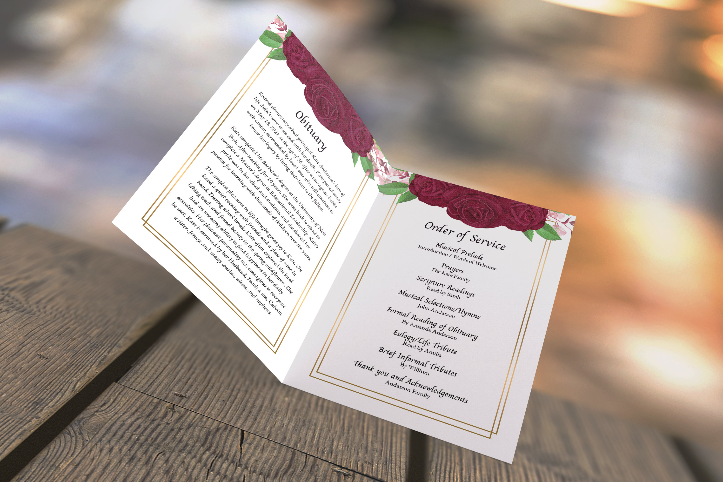 Editable Red Rose Funeral Program Template for Women, Celebrating the Life of Funeral Program 4 ...