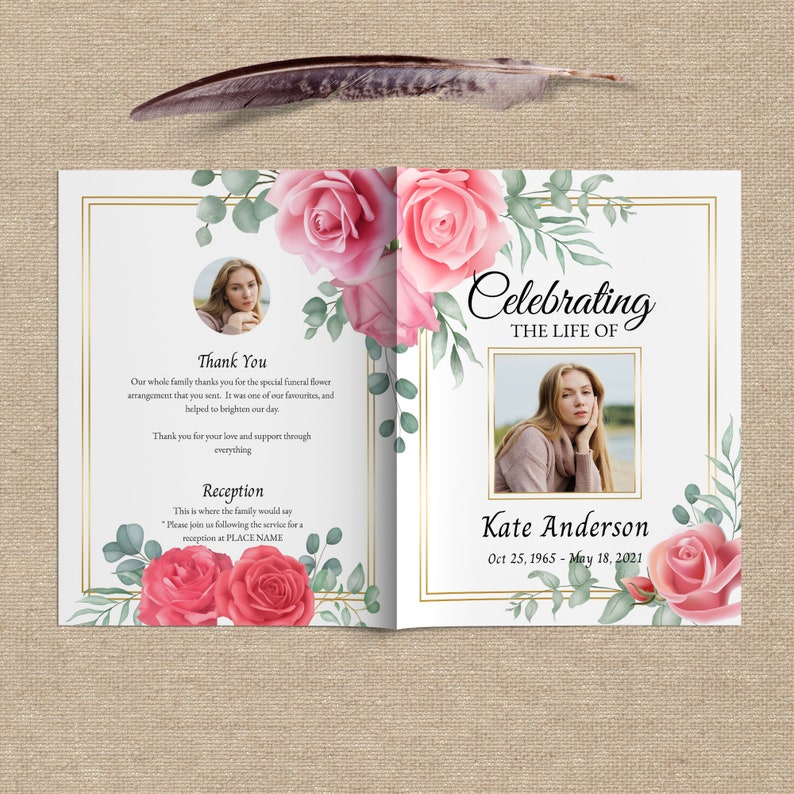 Editable Pink Rose Funeral Program - Celebrate Life and Honor Your ...