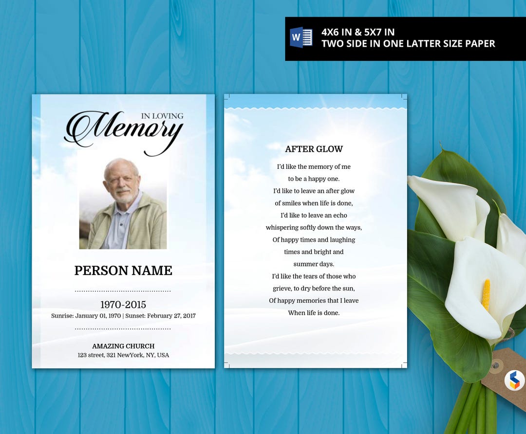 Printable Funeral Prayer Card Template | Sky and Sunshine (MS Word) - Etsy