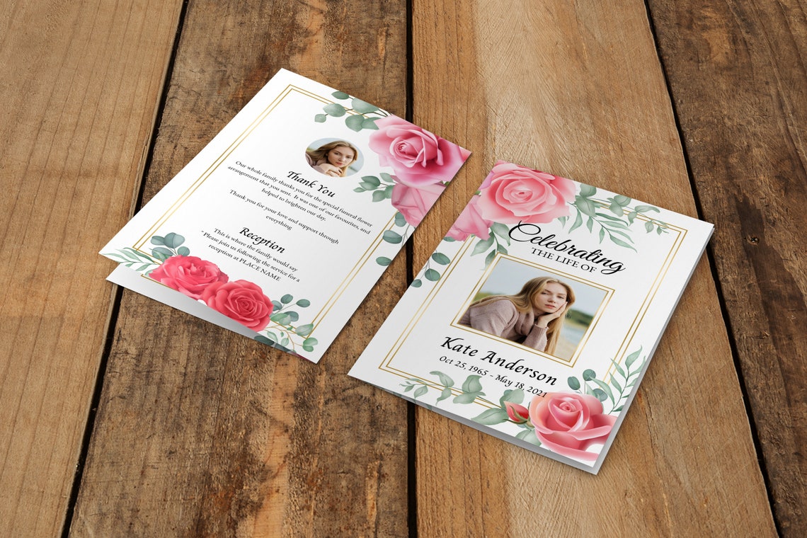 Pink Rose Funeral Program Template for Women, Celebrating the Life of ...