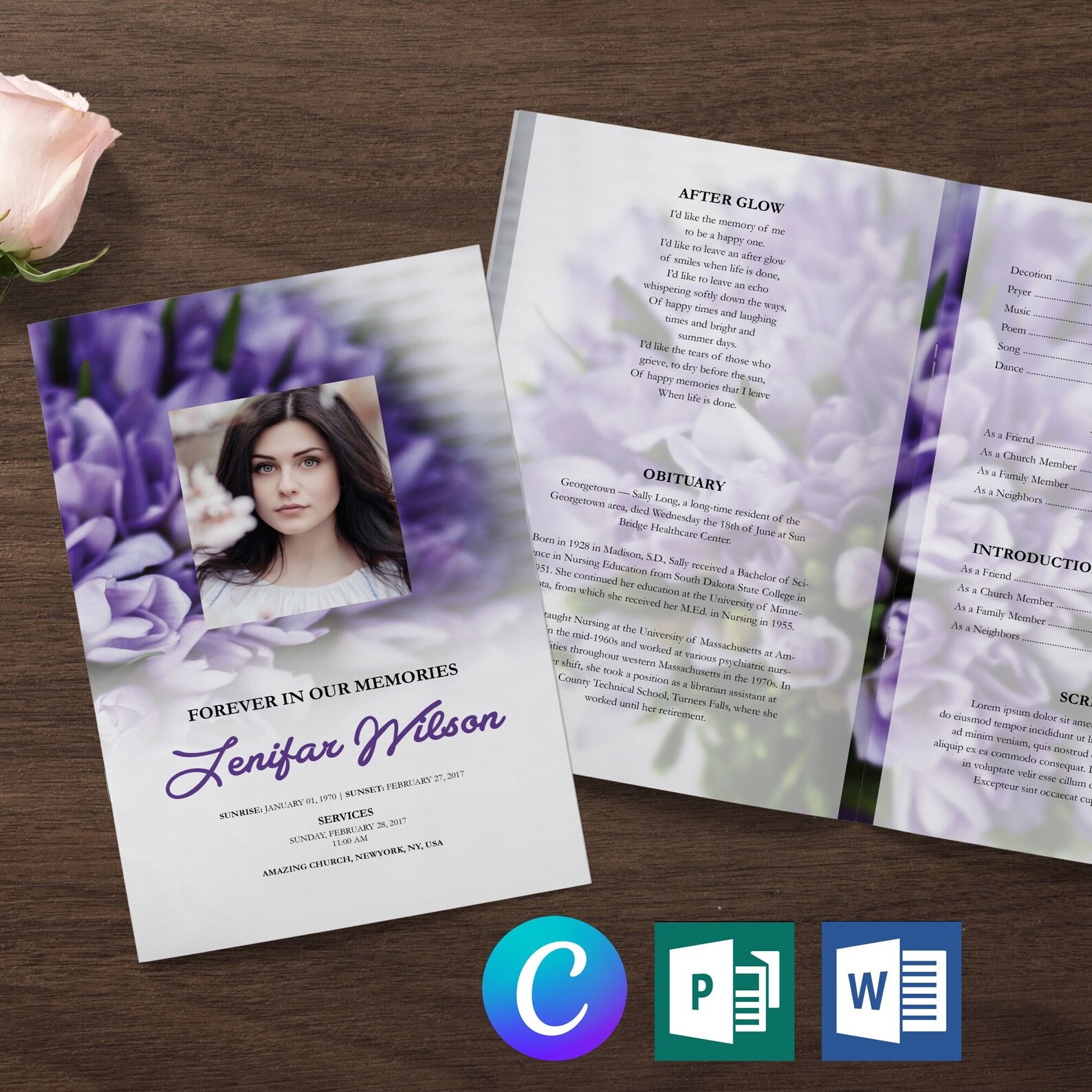 Editable Purple Flower Bouquet Funeral Program Template, Funeral ...