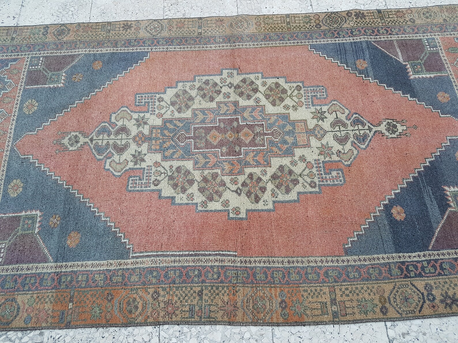 Vintage Turkish Floor Rug in Pastel Colours Geometric | Etsy