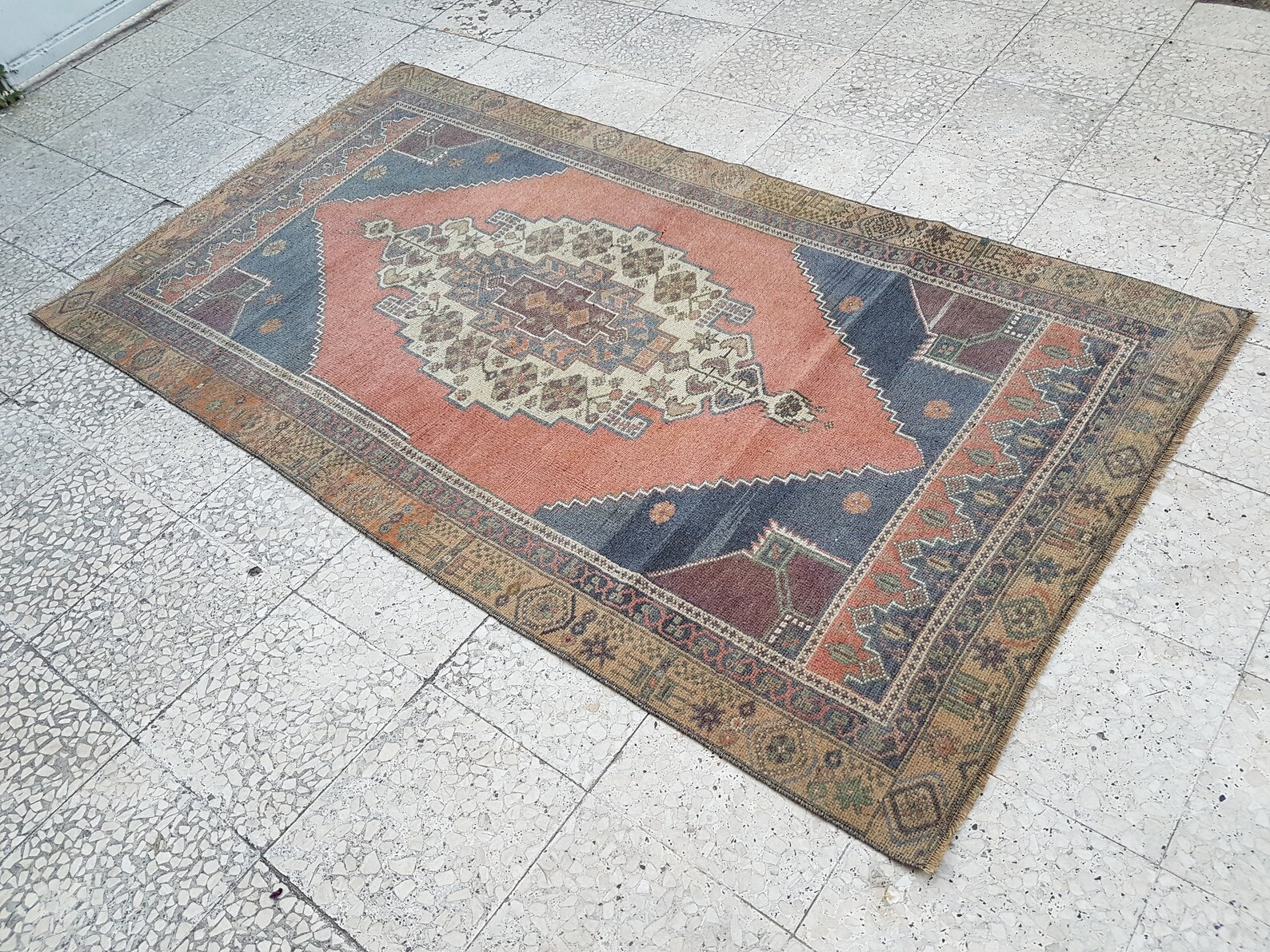 Vintage Turkish Floor Rug in Pastel Colours Geometric | Etsy