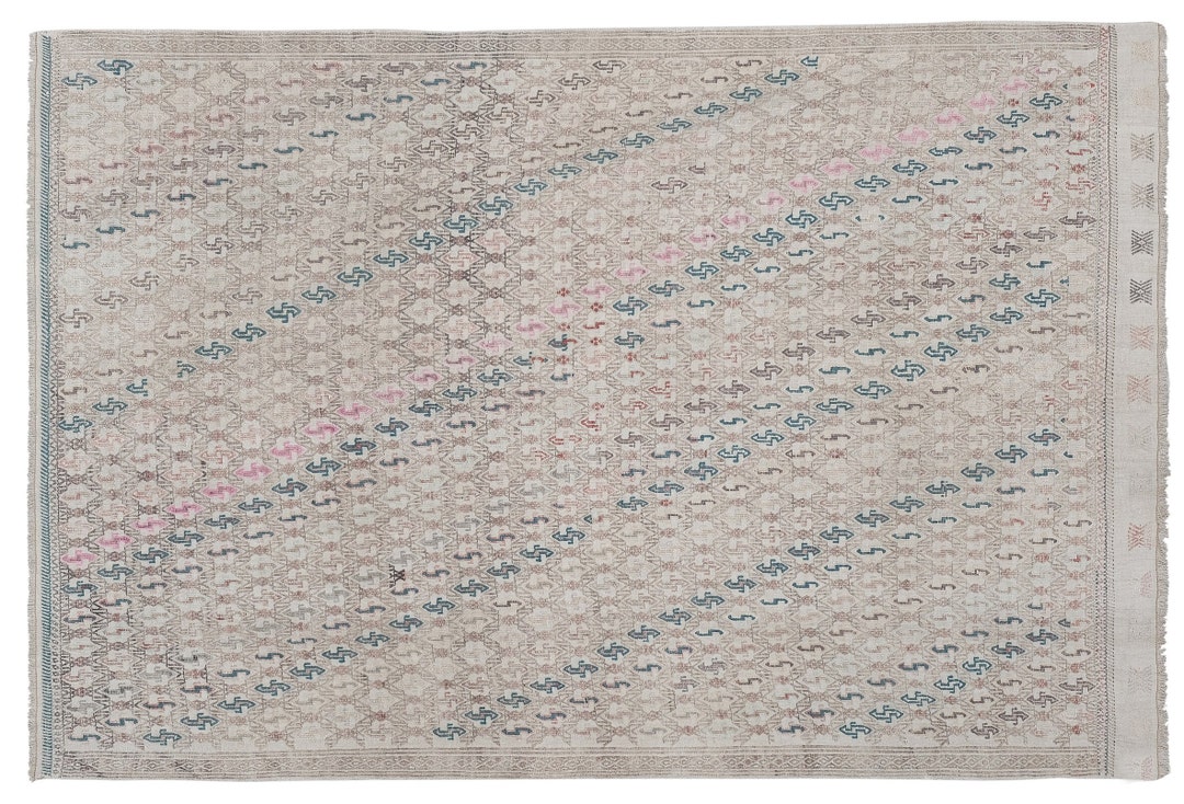 Pale Color Handwoven Diamond Pattern Kilim Rug, Turkish Mid Century ...