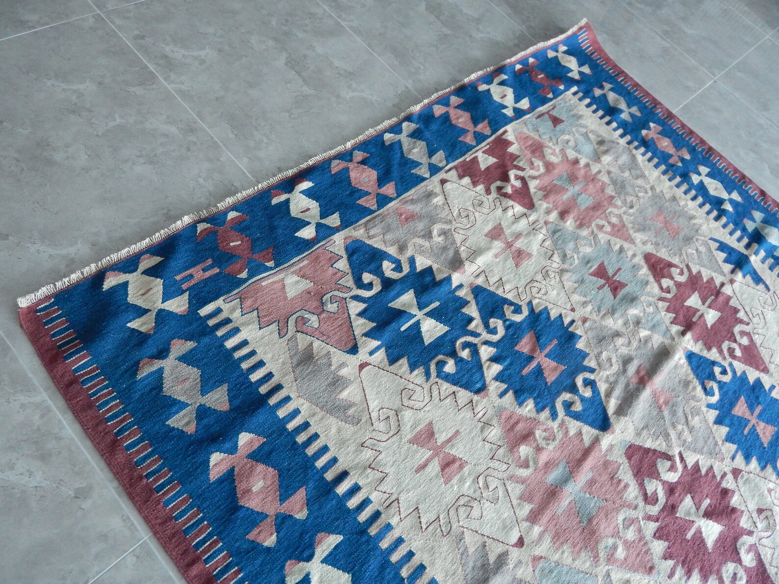 Vintage Turkish Boho Kilim Rugs Wool Large Floor Rug Blue | Etsy