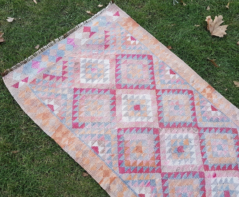 Muted Orange and Pink Color Diamond Pattern Hallway Kilim | Etsy