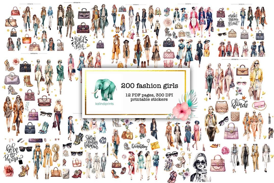 200 Fashion Girls Printable Stickers, COMMERCIAL USE, PNG, Scrapbooking ...
