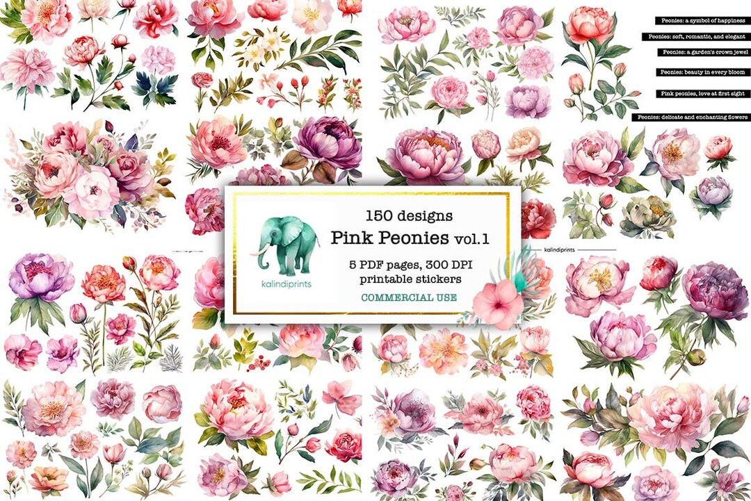 150 Pink Peonies Printable Stickers, Fussy Cutting, COMMERCIAL Use ...