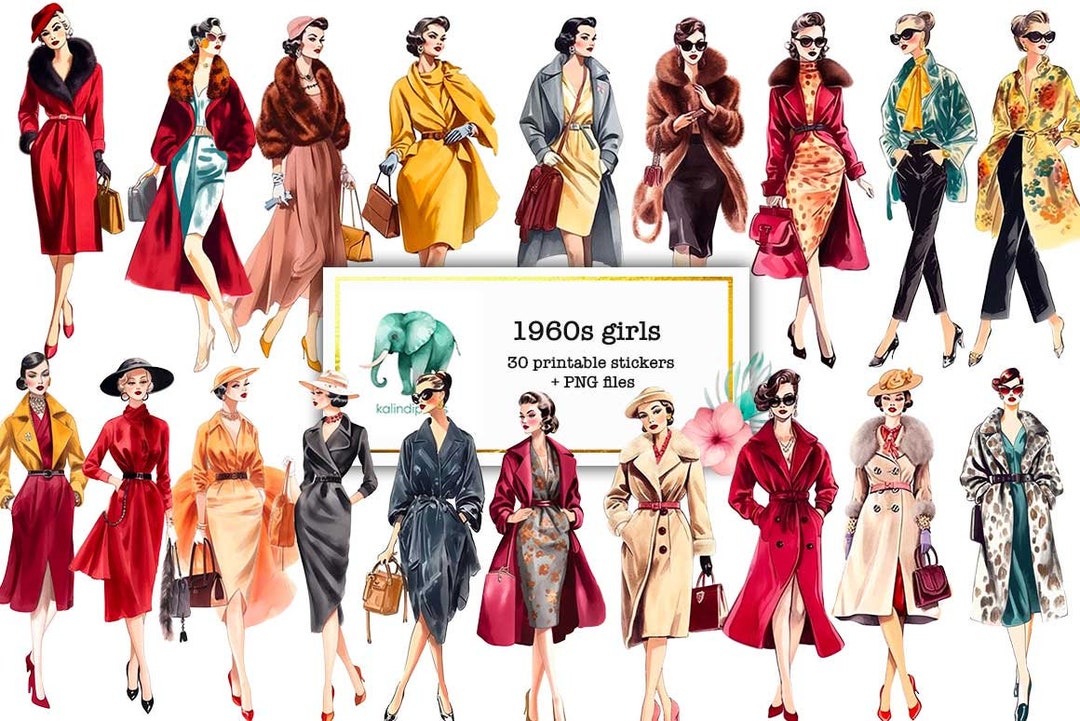 30 Retro 60s Girls Printable Stickers, COMMERCIAL USE, PNG, Digital ...