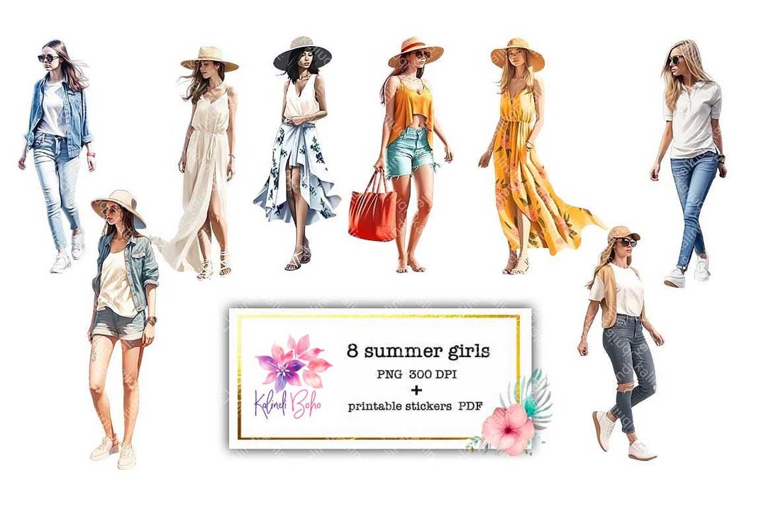 8 Summer Girls Printable Stickers, Boho Printable, Junk Journals ...