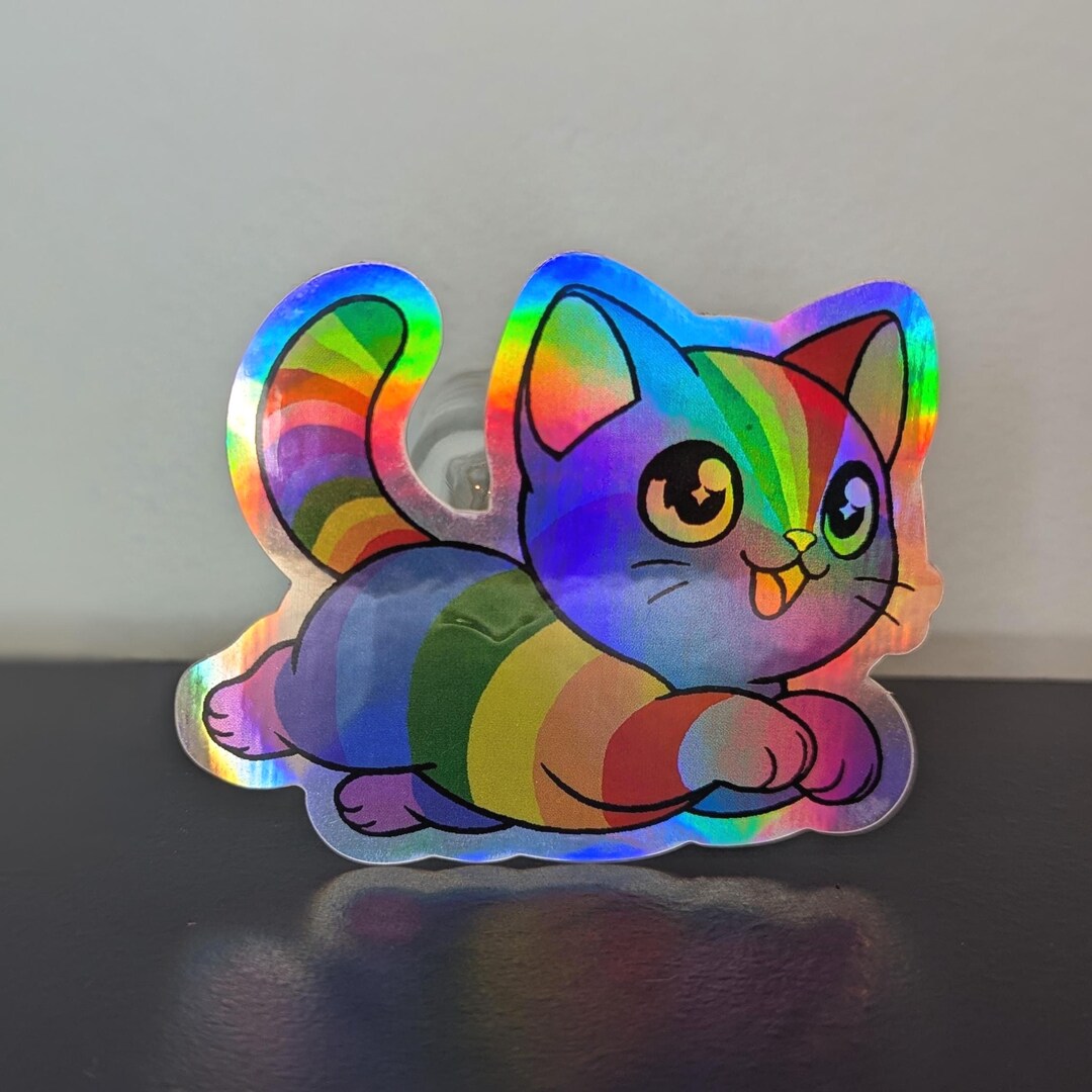 Zoomies Cat Holo Sticker; Rainbow Stripe Cat Sticker; Kawaii Cat ...