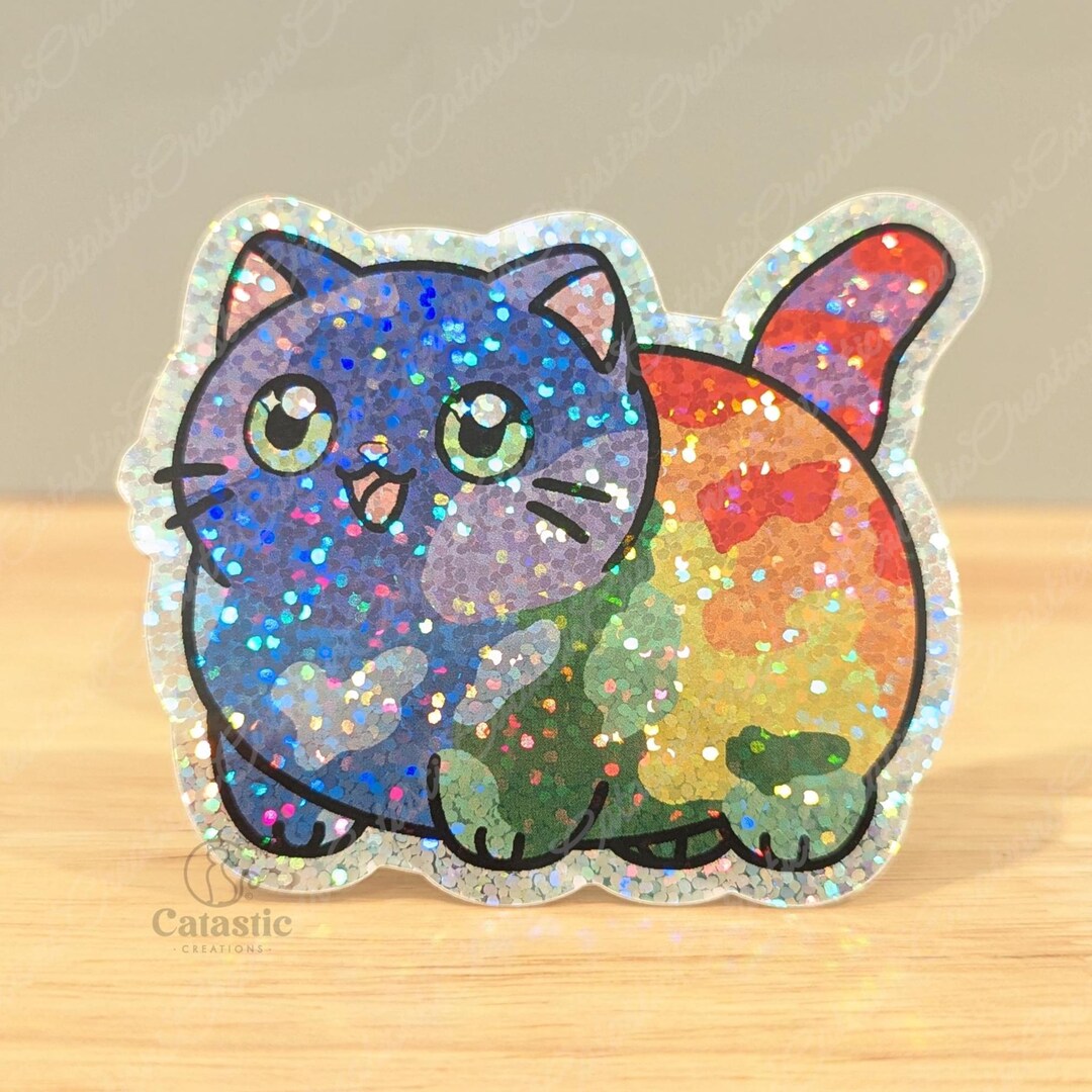 Chonky Cat Glitter Sticker; Rainbow Calico Cat Sticker; Kawaii Cat ...