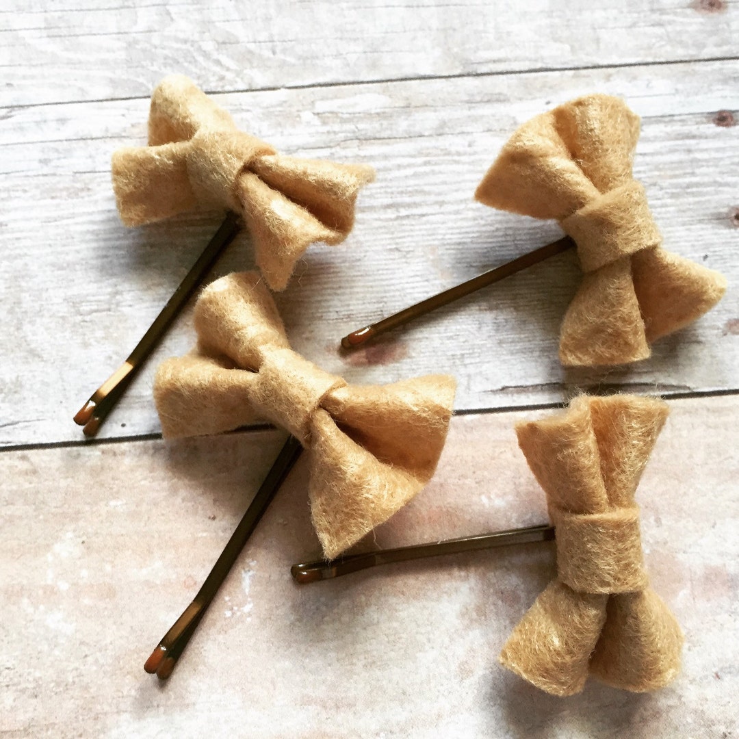 Beige Bow Bobby Pins, Fall Hair Pins, Felt Mini Hair Pins, Little Girls ...