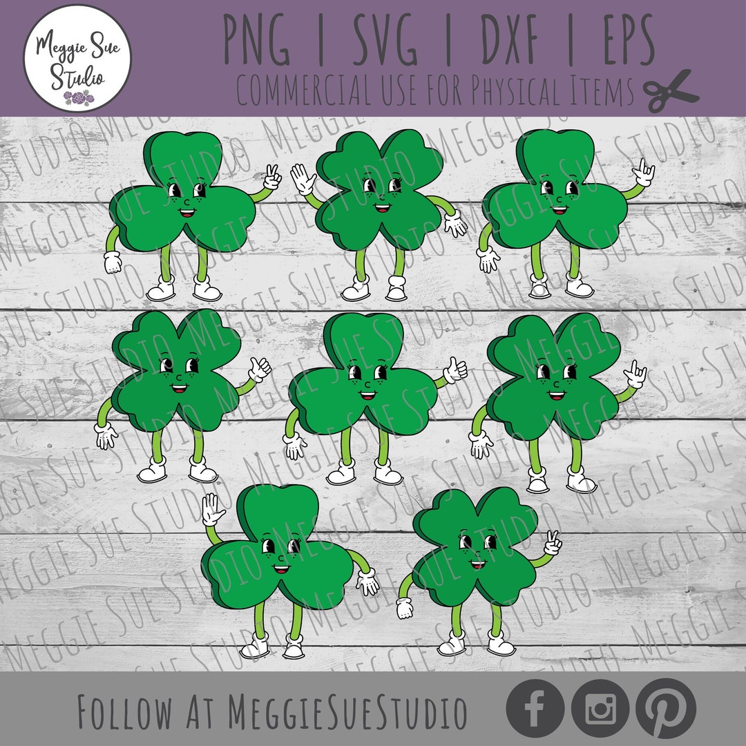 Retro Cartoon Shamrock Clover Bundle SVG PNG, St Patricks Shamrock Four ...