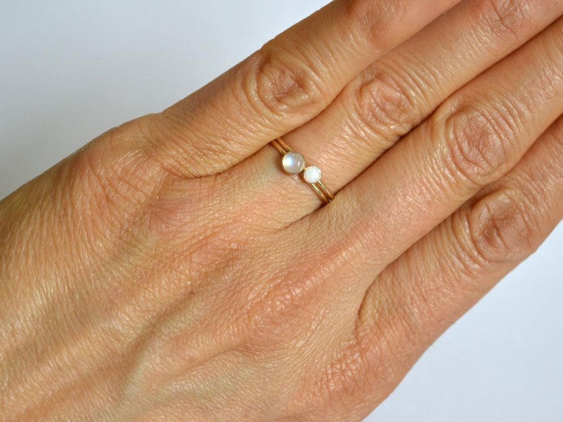 14k Solid Gold Set of Two Moonstone Rings, 14k Gold Moonstone Ring, 14k ...
