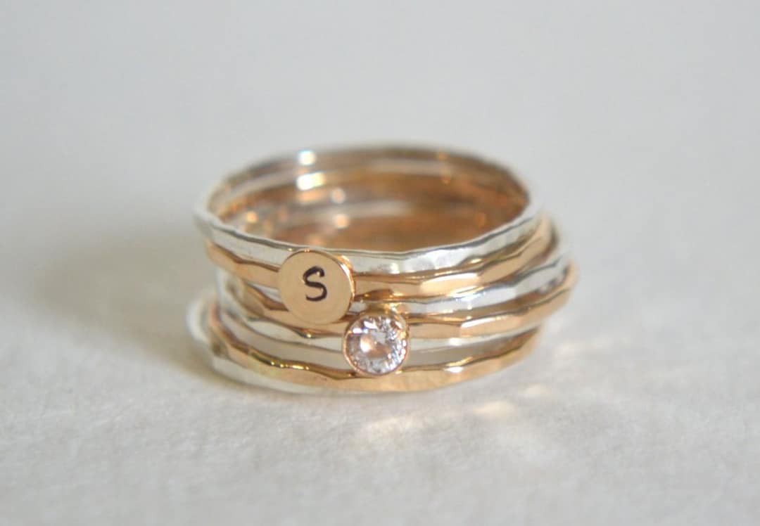 Set of Seven Gold Filled and Sterling Silver Rings, Gold Hammered Ring ...