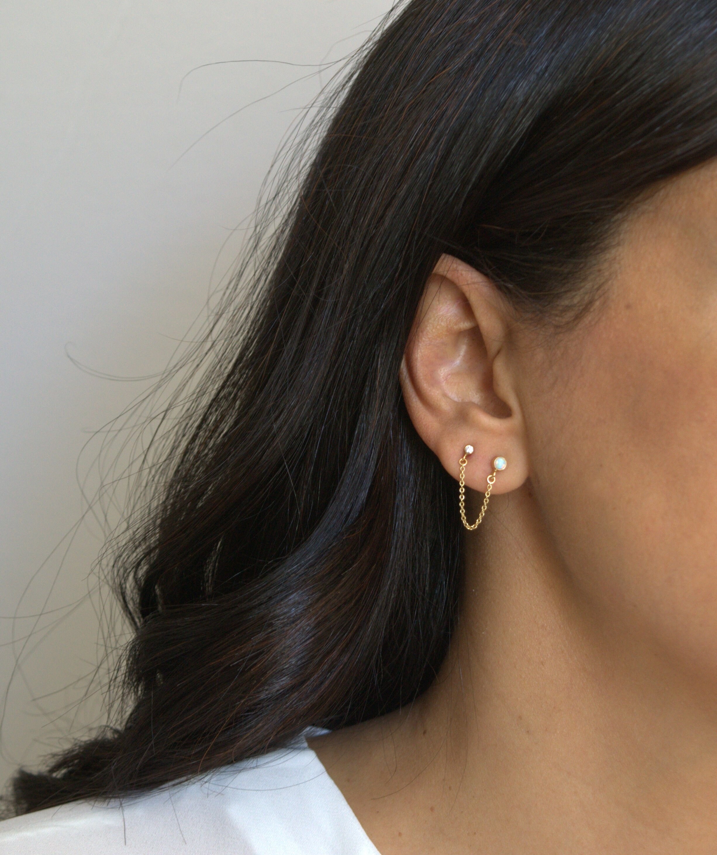 Double Piercing Earring, Gold Chain Earrings, Double Chain Earrings ...