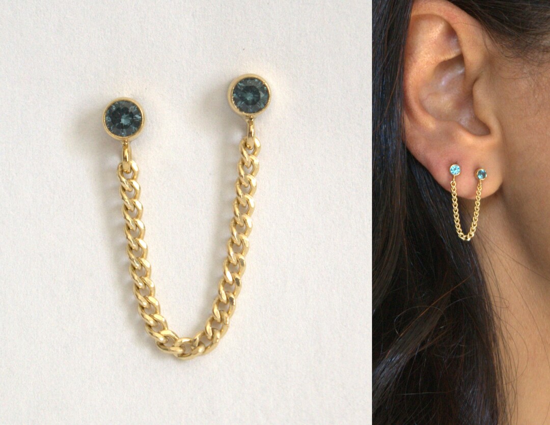Double Piercing Earring, Gold Chain Earrings, Curb Chain Earrings, Gold ...